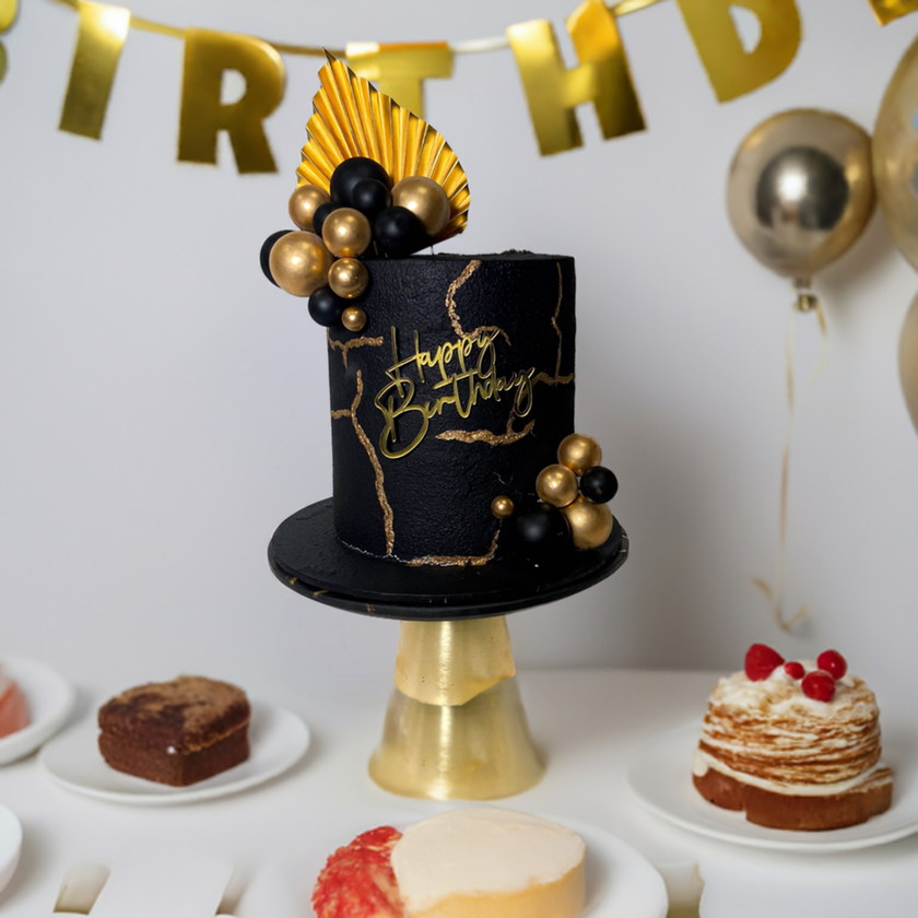 Tasty Black and Gold Crackle Cake – Freddie's CakeShop